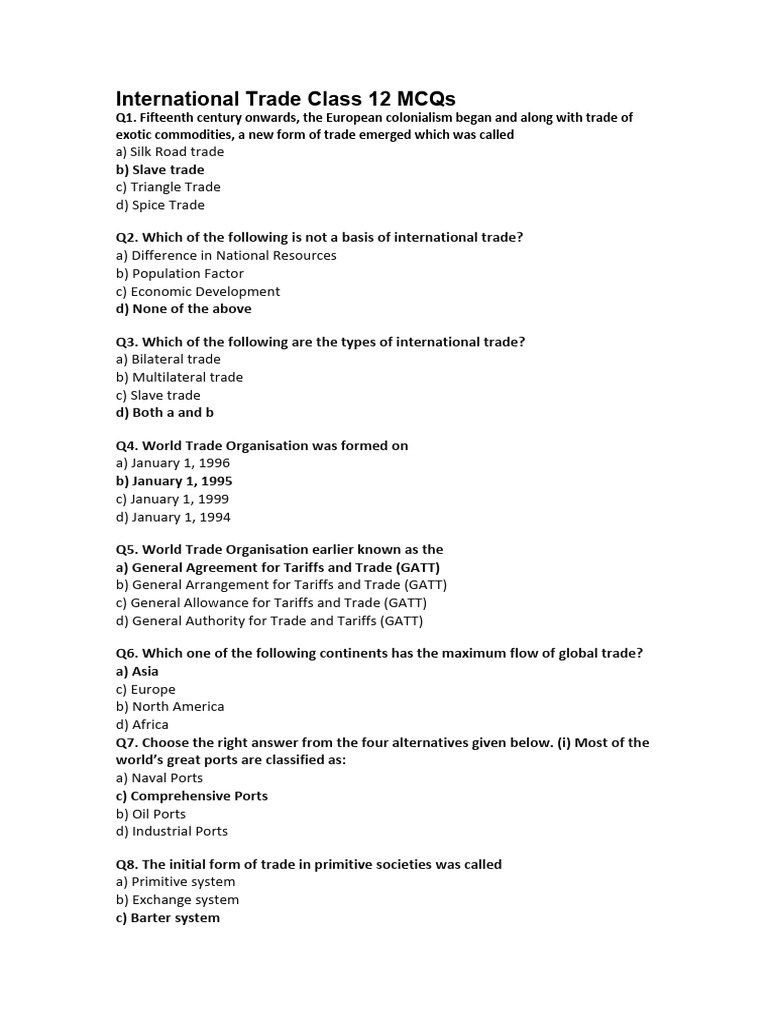 Class 12 International Trade Mcqs | PDF