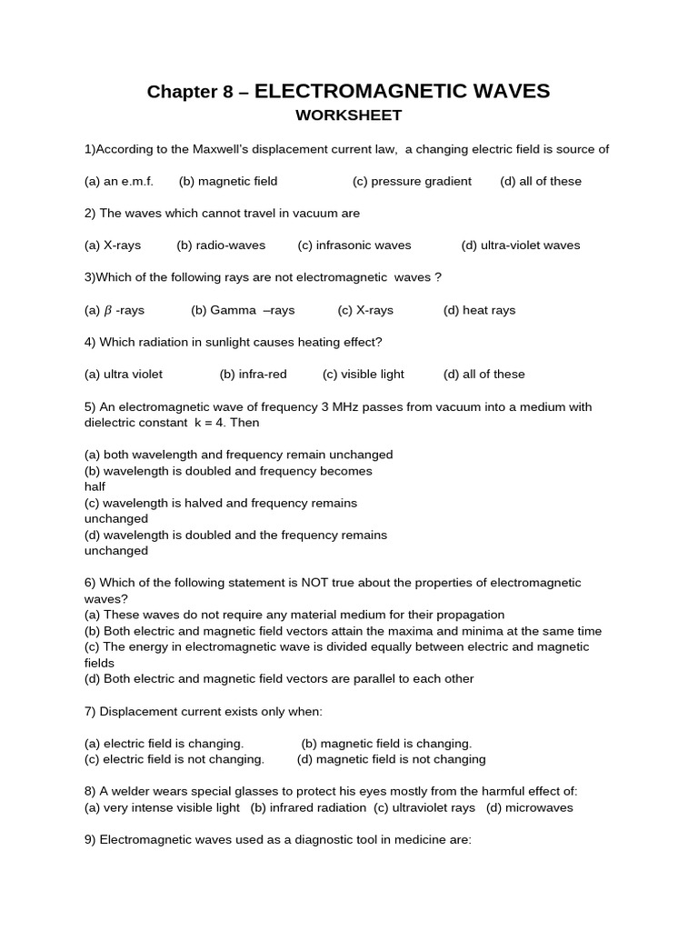 Ch-8 Worksheet (Electromagnetic waves) | PDF | Electromagnetic ...