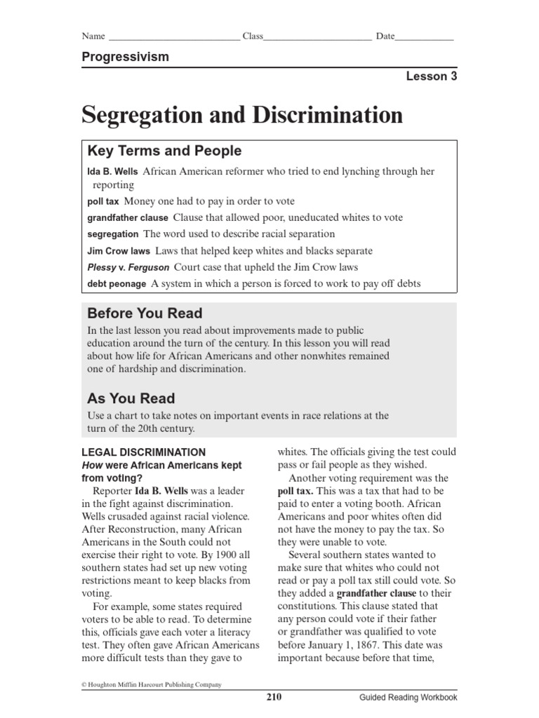 Workbook - Segregation and Discrimination | PDF | Plessy V. Ferguson ...
