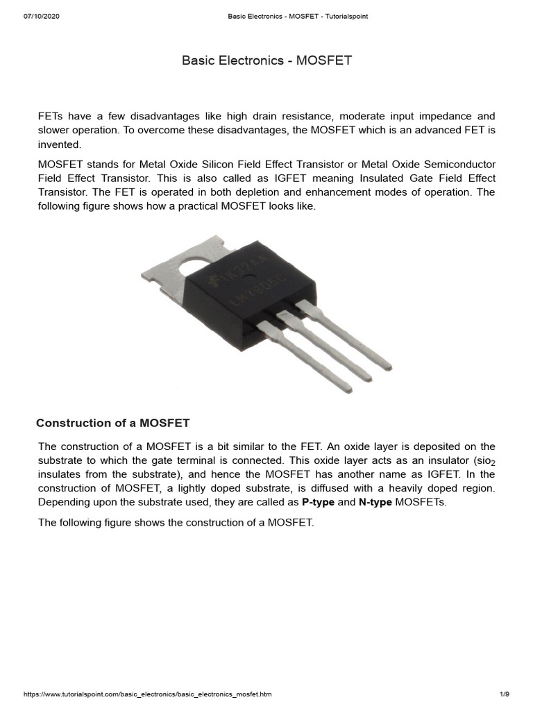 Basic Electronics - MOSFET - Tutorialspoint | PDF | Mosfet | Field Effect Transistor