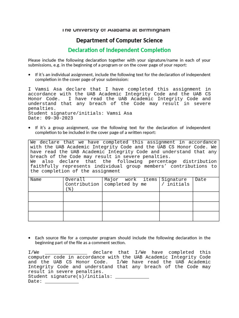 UAB CS Declaration of Independent Completion V2 2021 | PDF