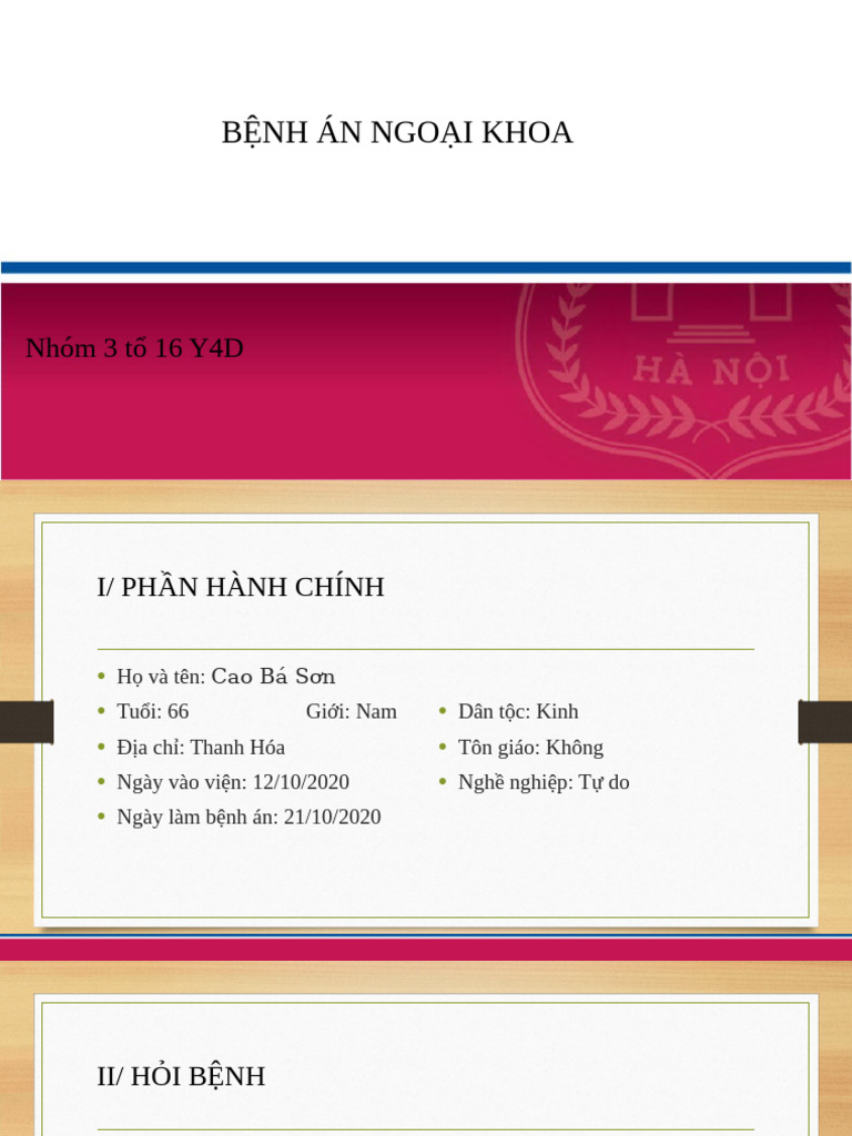 BệNh ÁN NgoạI Khoa: Nhóm 3 Tổ 16 Y4D | PDF