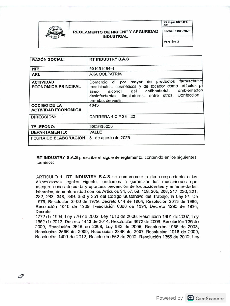 SST-RT-001 Reglamento de Hys Industrial | PDF