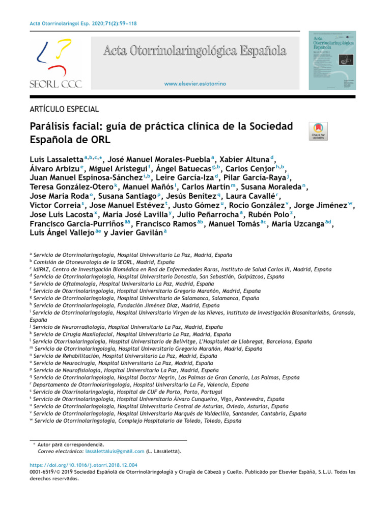 Parálisis Facial: Guía de Práctica Clínica de La Sociedad Espa Nola de ORL | PDF ...