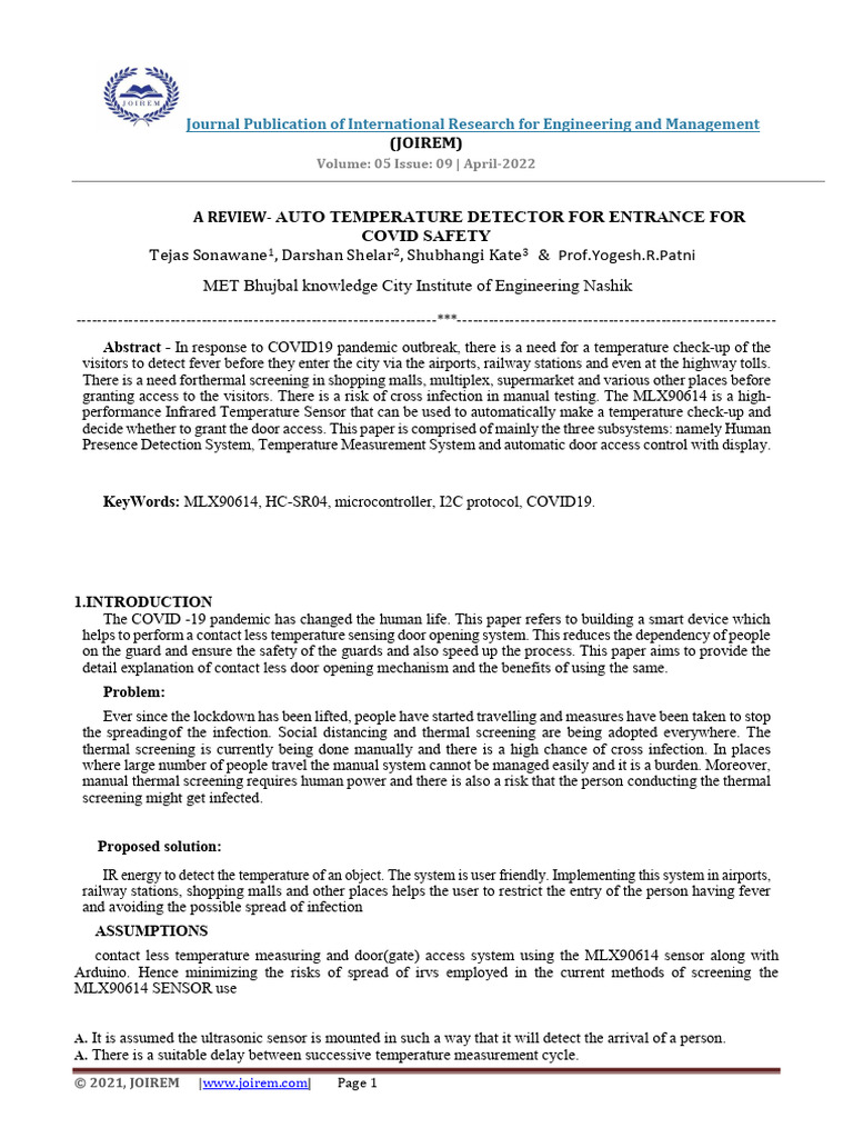 A Review - Auto Temperature Detector For Entrance For Covid Safety ...