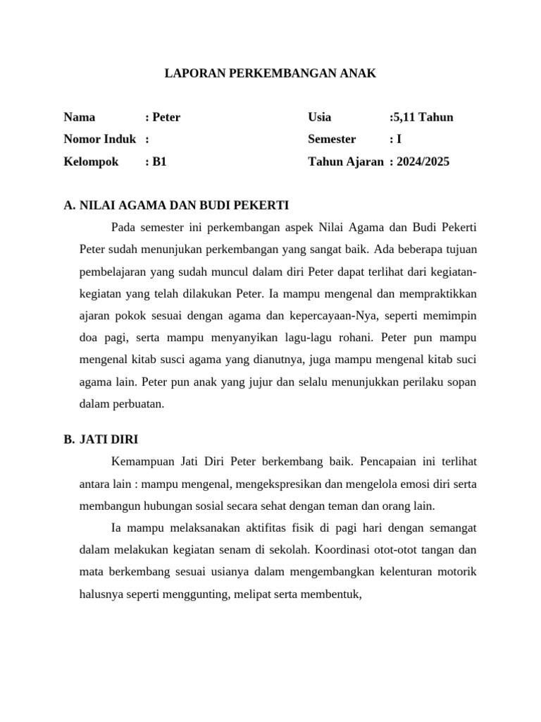Laporan Perkembangan Anak Peter | PDF