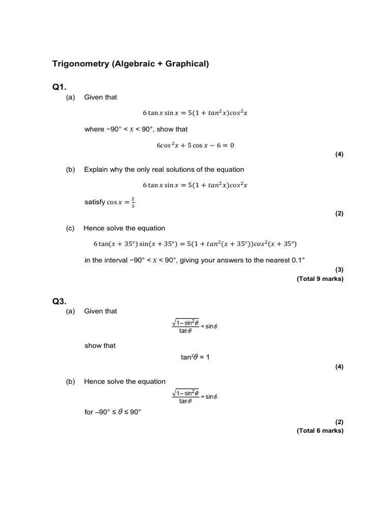 Trigonometry (Algebraic + Graphical QNS) | PDF | Trigonometry | Special ...