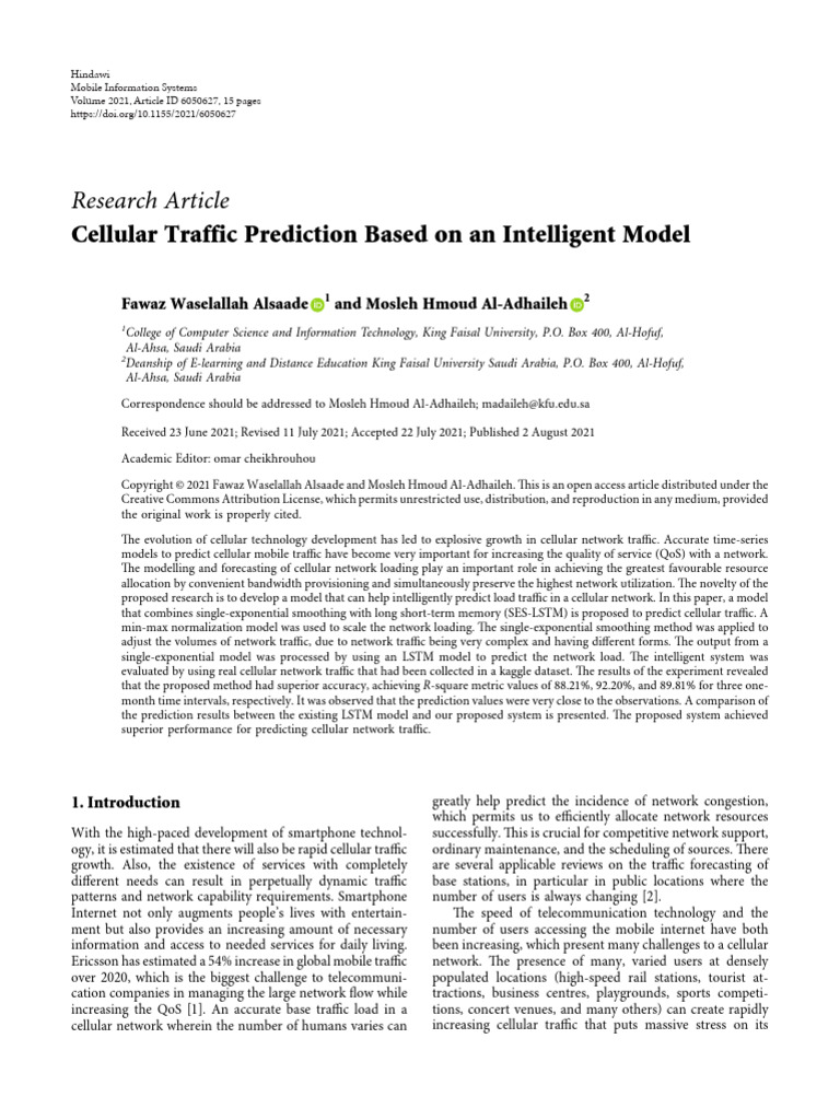 Cellular Traffic Prediction Based On An Intelligen | PDF | Mean Squared ...