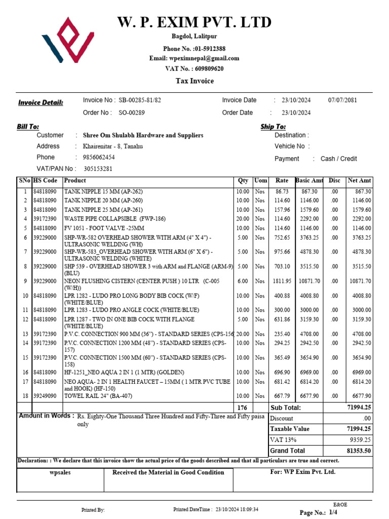 Inv 00285 - Shree Om Shulabh Hardware | PDF | Invoice | Value Added Tax