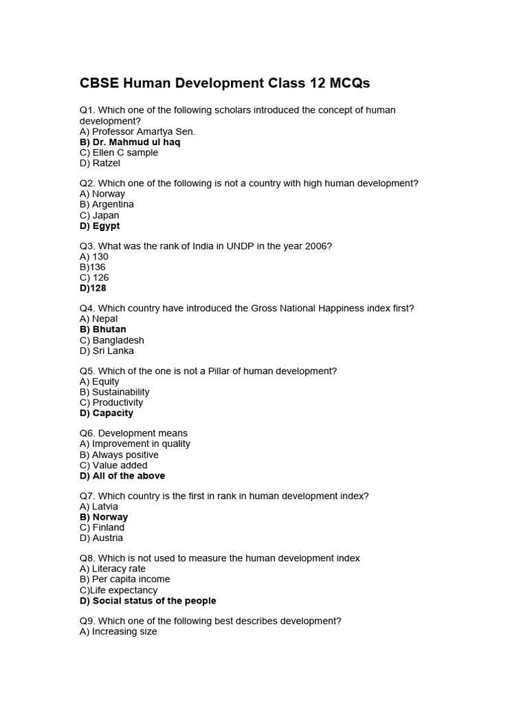 Cbse Human Development Class 12 Mcqs | PDF