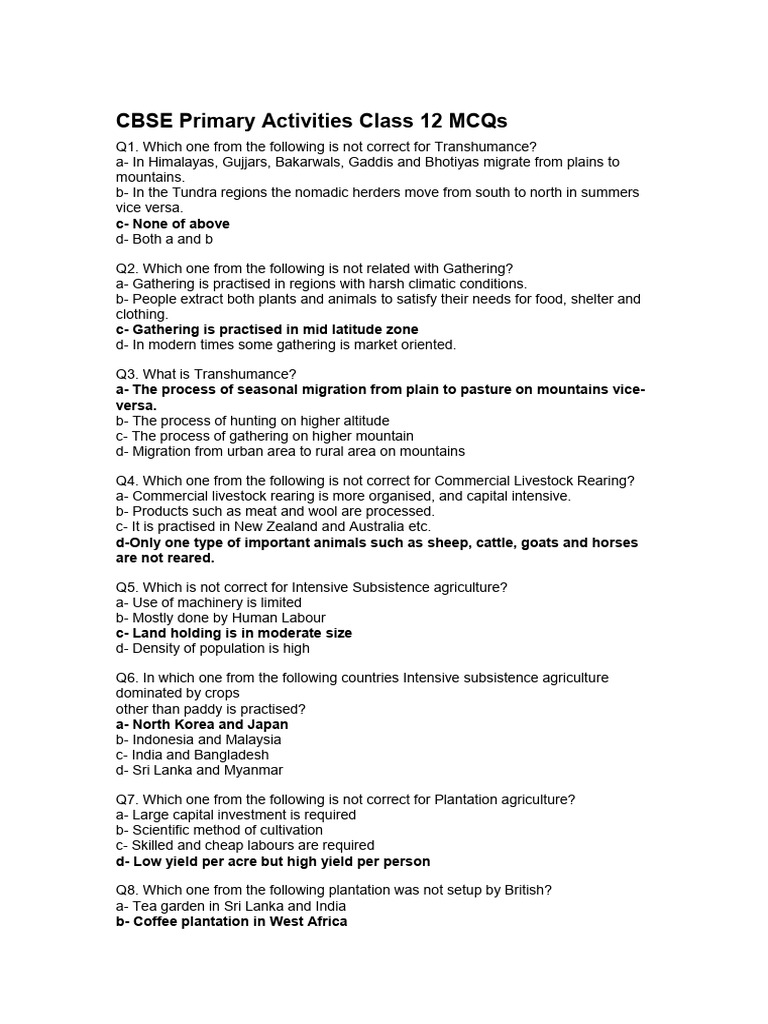 Cbse Primary Activities Class 12 Mcqs | PDF