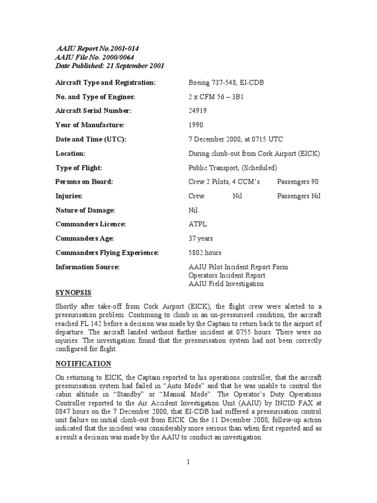 Cork Boeing Acc Report3504-0 | PDF | Hypoxia (Medical) | Altitude
