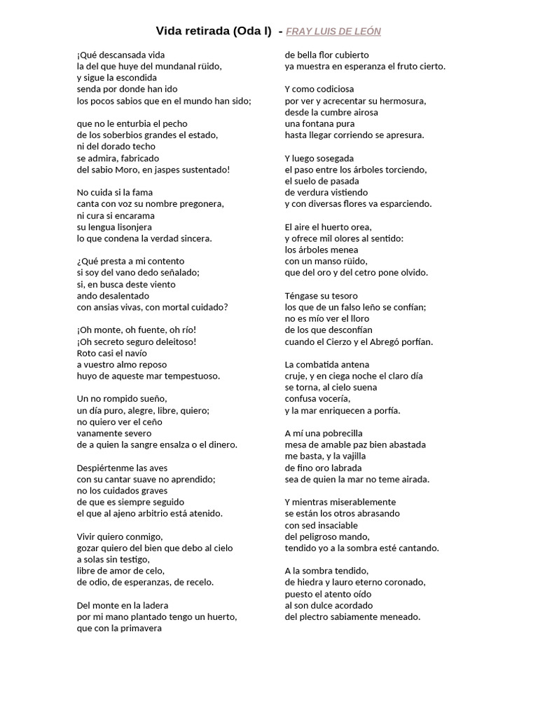 Oda a la vida retirada de Fray Luis de León | PDF