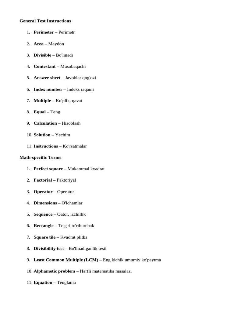 General Test Instructions | PDF | Mathematics | Elementary Mathematics