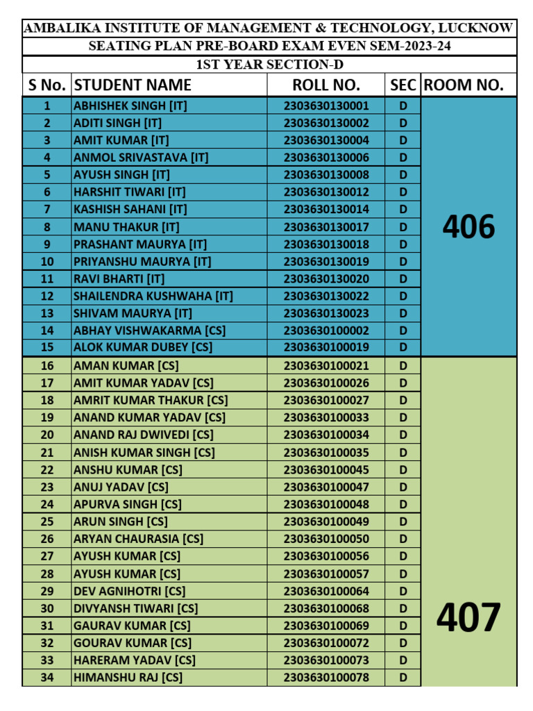 Seating Plan 1ST Year Section-D-1 | PDF