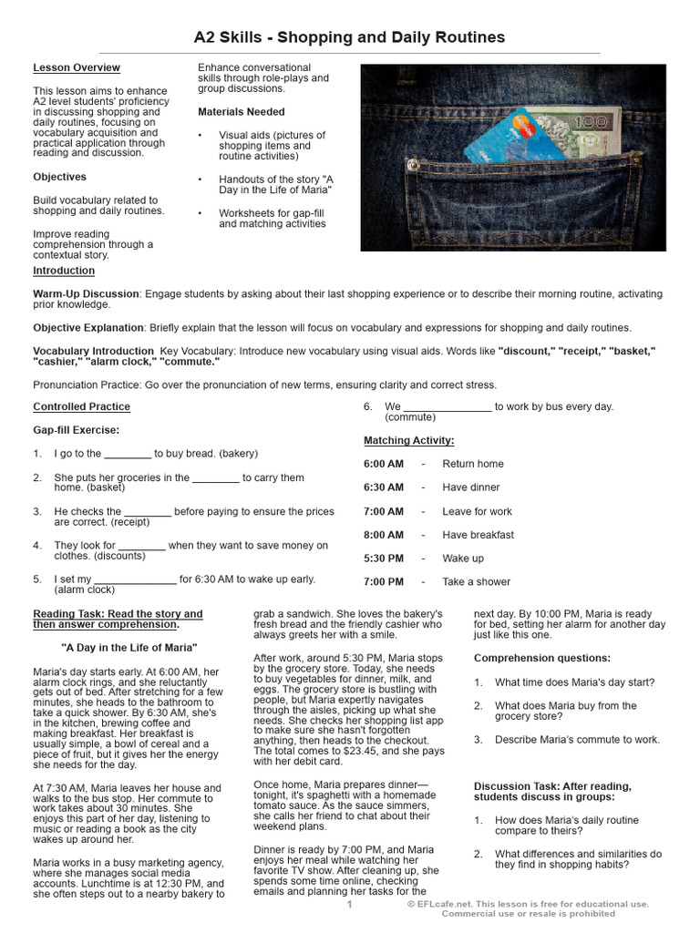 A2 Lesson Skills Shopping and Daily Routines - PDF | PDF | Reading ...