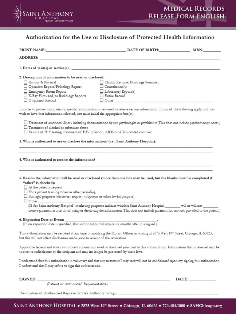 PDF Sah Medical Records Release Form 9214ed | PDF | Medical Record ...