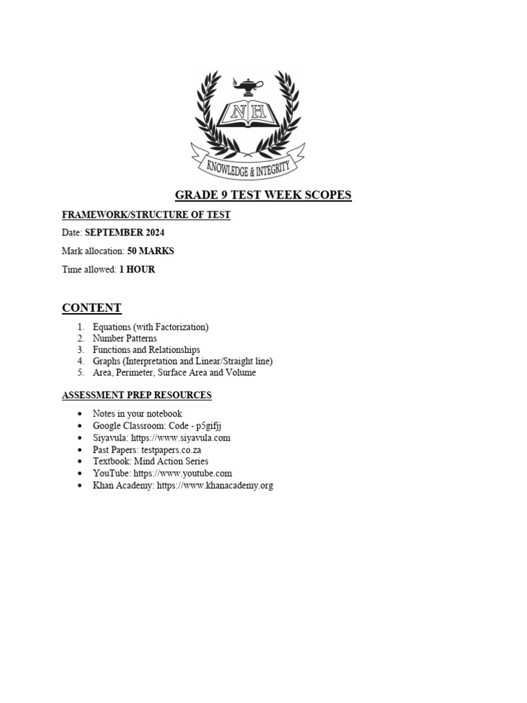 Grade 9 Term 3 Test Week Scope 2024 | PDF