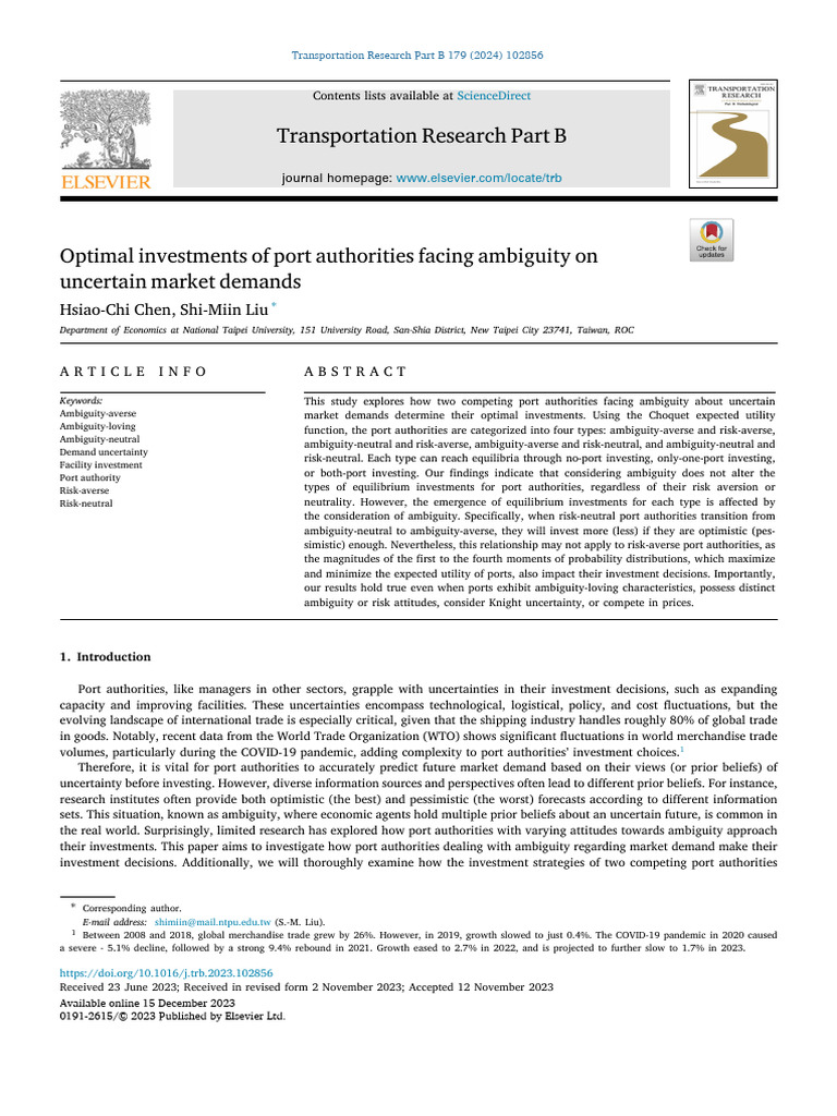 Optimal Investments of Port Authorities Facing - 2024 - Transportation ...
