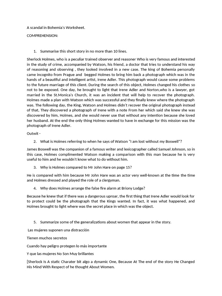 A Scandal in Bohemia Worksheet | PDF | Sherlock Holmes | A Scandal In ...