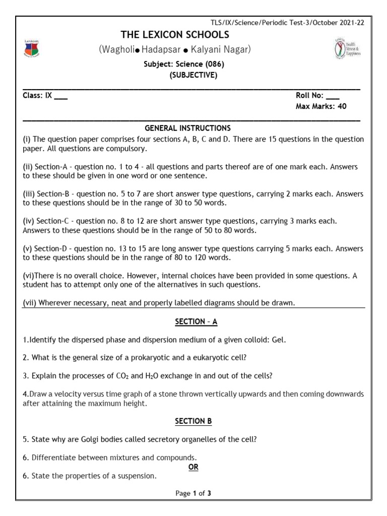 TLS_Cl-IX_Science_Periodic Test 3_Subjective_QP_Oct- 2021-22 | PDF ...