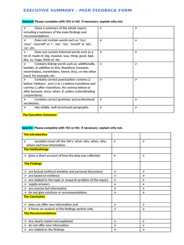 EXECUTIVE SUMMARY Peer Feedback | PDF