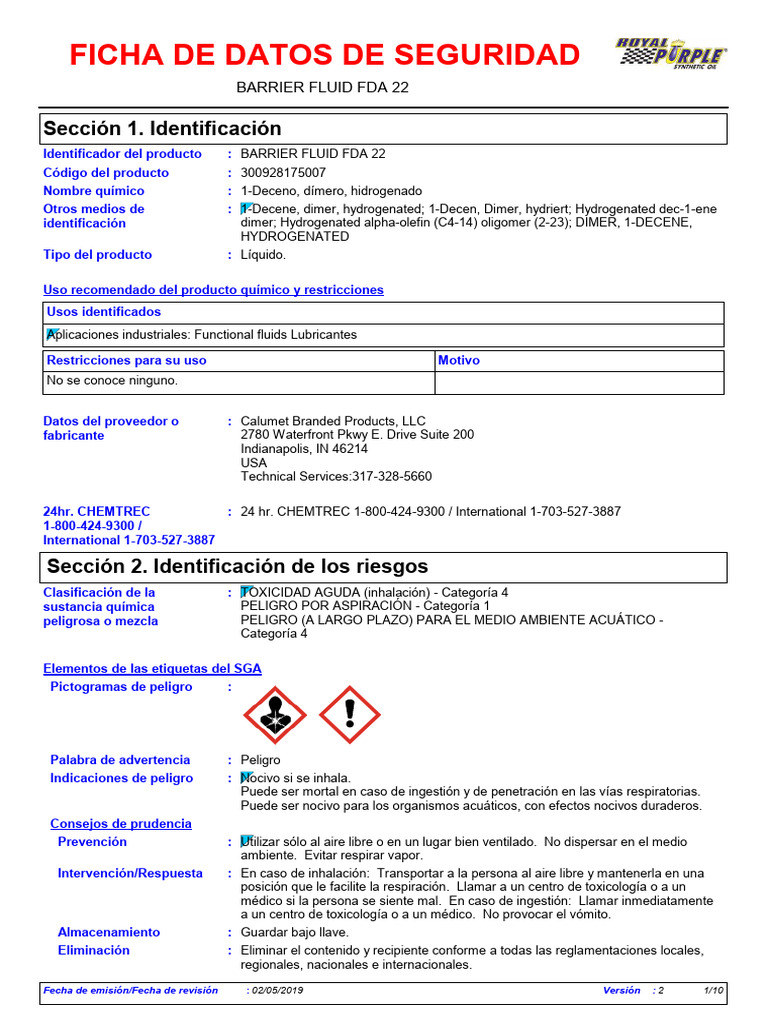 Barrier Fluid FDA 22 SDS | PDF | Agua | Ventilación (Arquitectura)