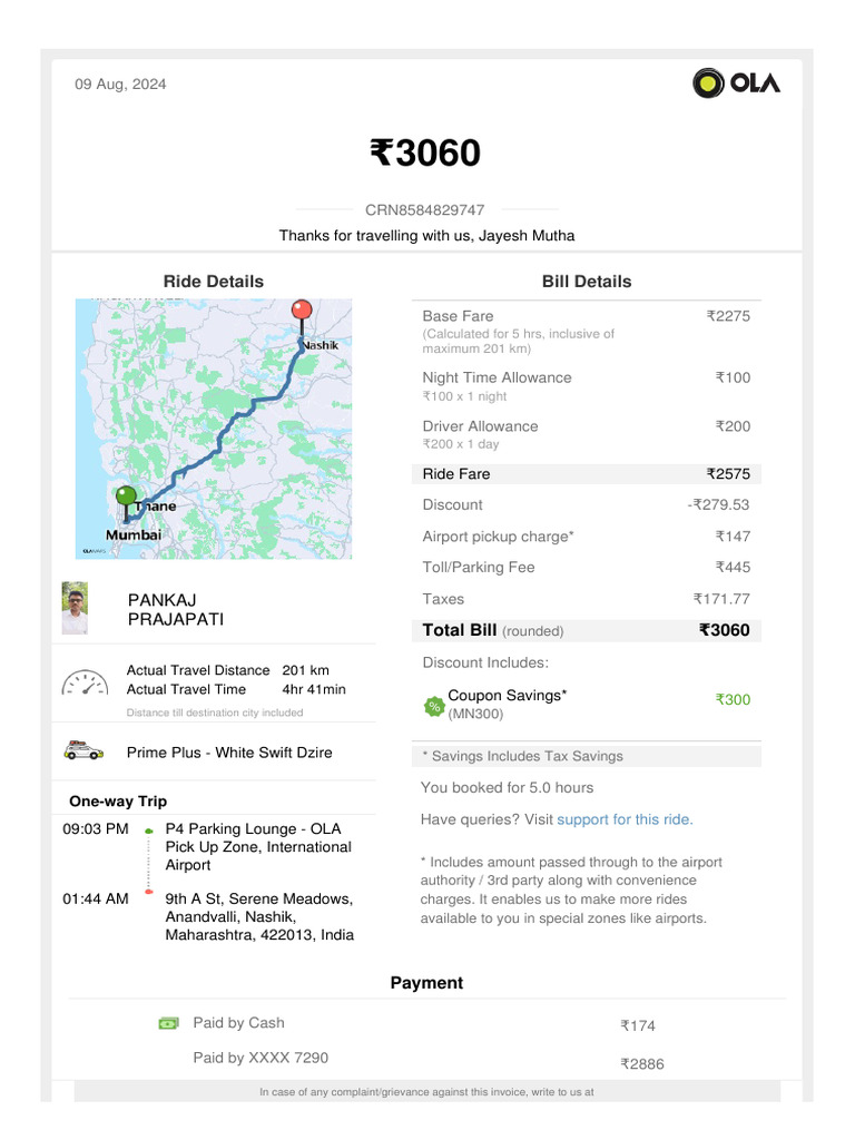 Ola Cab Invoice: Nashik Trip Details | PDF