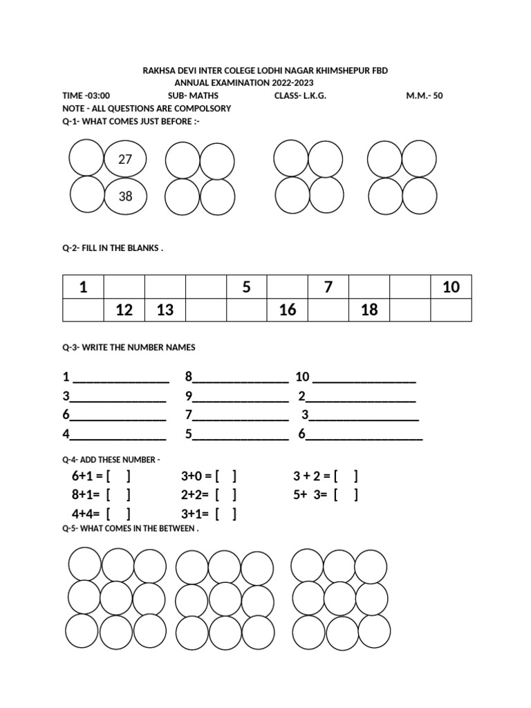 LKG Maths Exam 2022-2023 | PDF