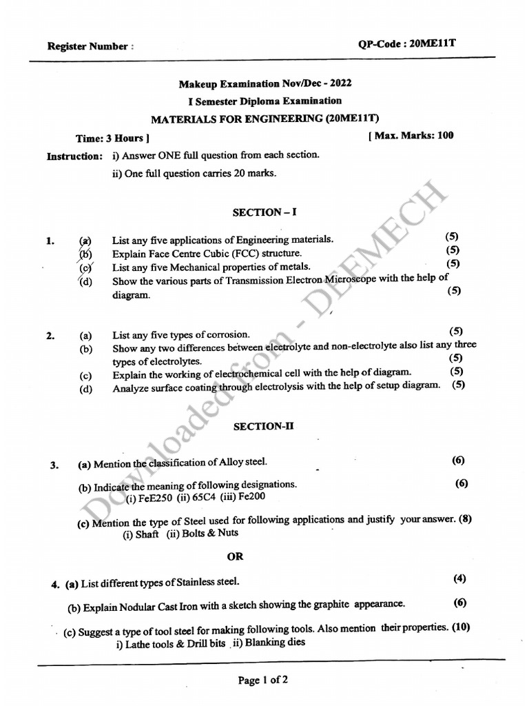 20ME11T Materials for Engineering Nov_Dec 2022 Makeup exam_watermark | PDF