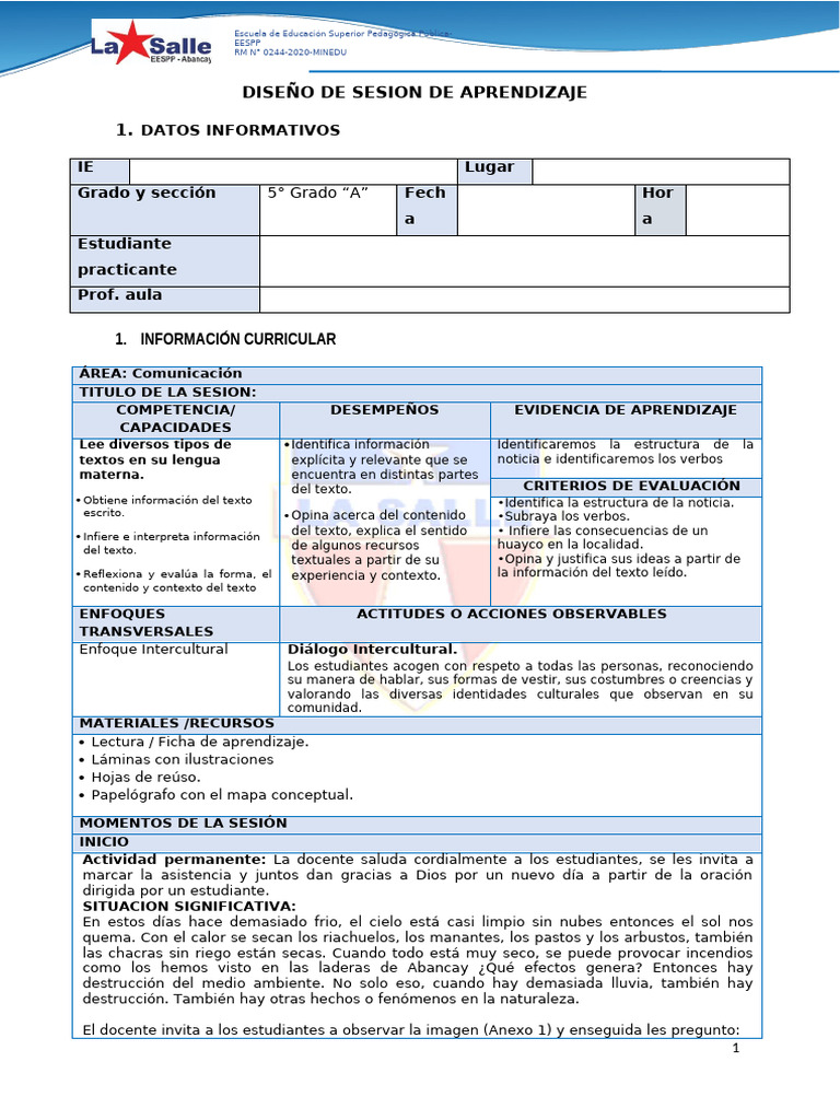 DISEÑO DE SESION comunicacion | PDF | Maestros | Aprendizaje