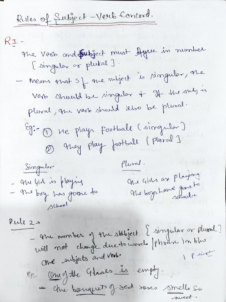 Subject - Verb Concord or Agreement Notes | PDF
