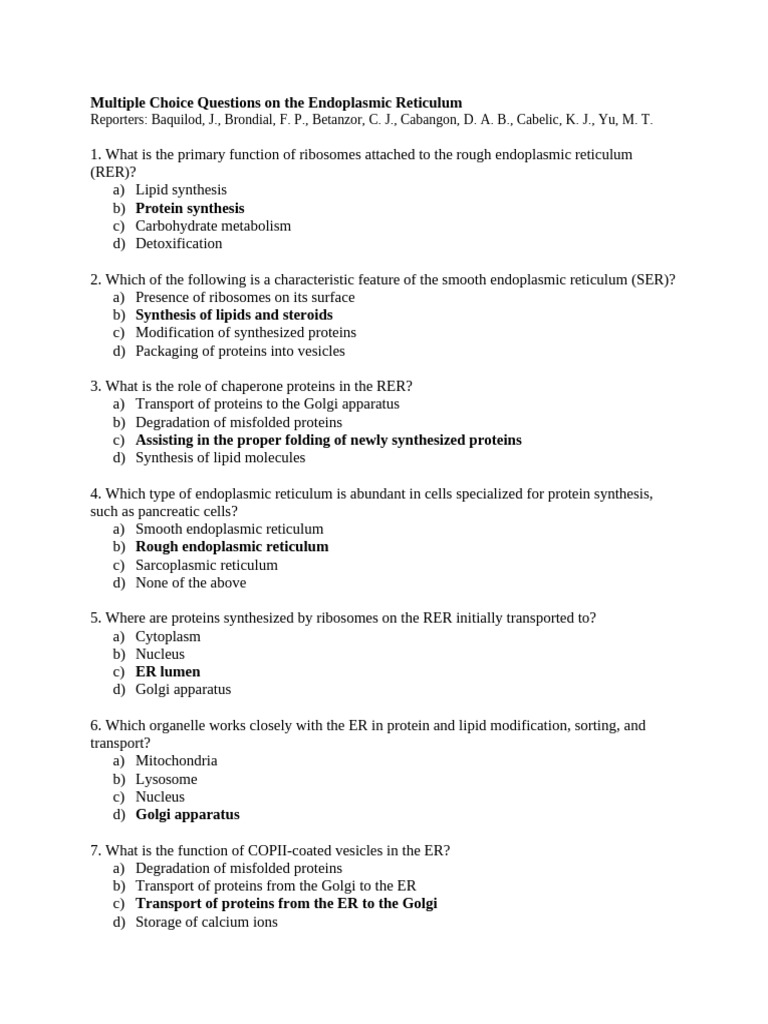 Answer Key Multiple Choice Questions On The Endoplasmic Reticulum | PDF ...