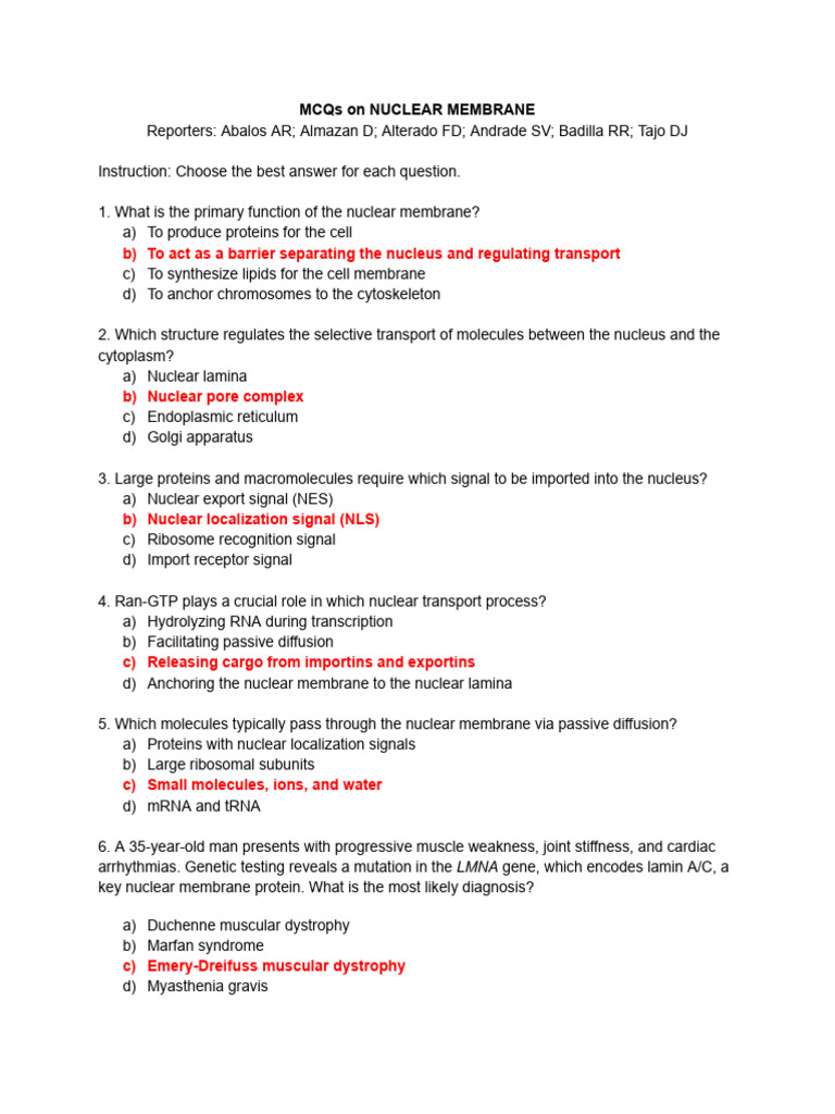 Nuclear-Membrane-MCQs-with-Answers | PDF | Cell Nucleus | Cell Membrane