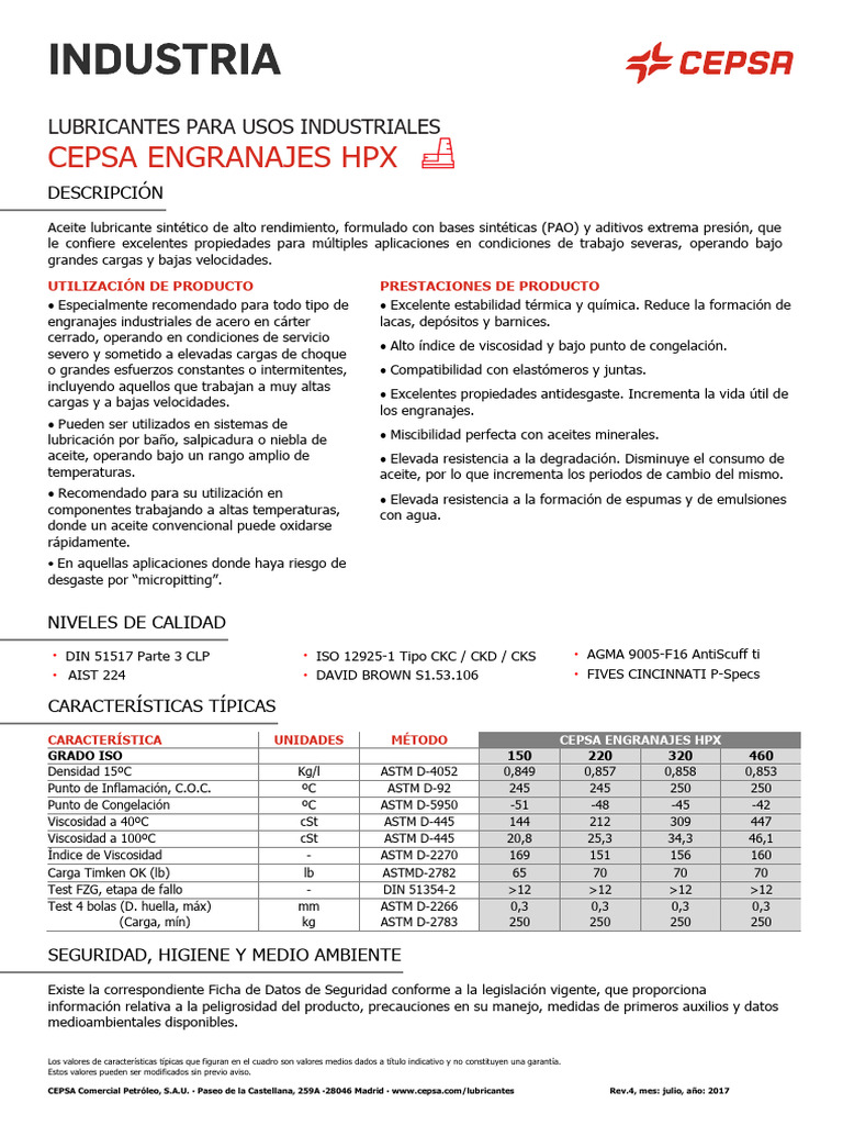 Cepsa Engranajes HPX 05 2020 | PDF | Lubricante | Engranaje