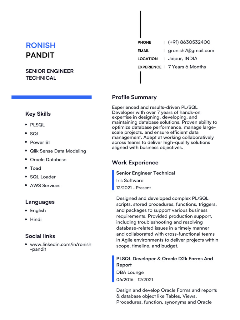 Senior PL/SQL Developer Profile | PDF | Pl/Sql | Information Retrieval