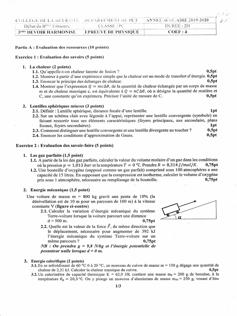 Physique 1ereC Eval3 College Retraite 2019 2020 (1) | PDF