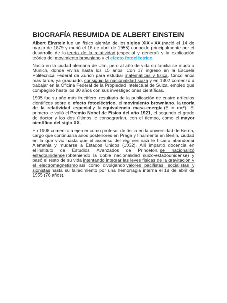 Biografía Resumida de Albert Einstein | PDF