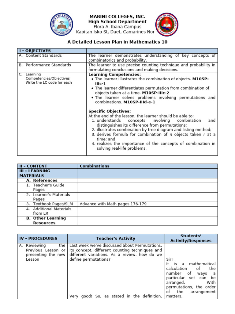MC DLP Math-10 Combinations | PDF | Permutation | Mathematics