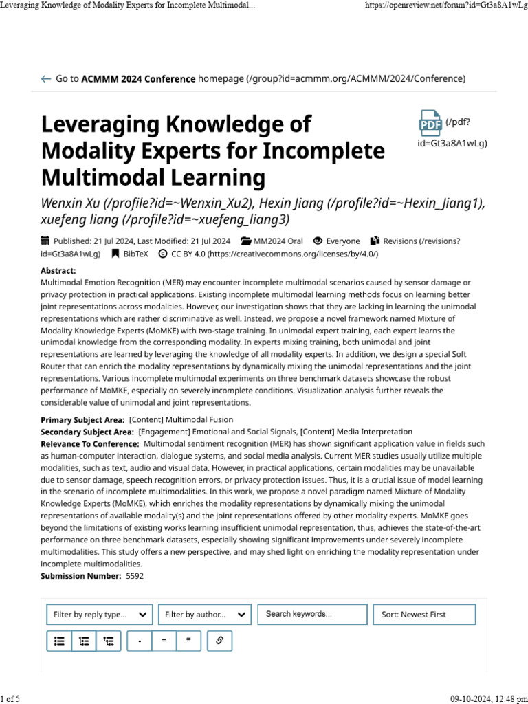 2024 Leveraging Knowledge of Modality Experts for Incomplete Multimodal Learning _ OpenReview ...