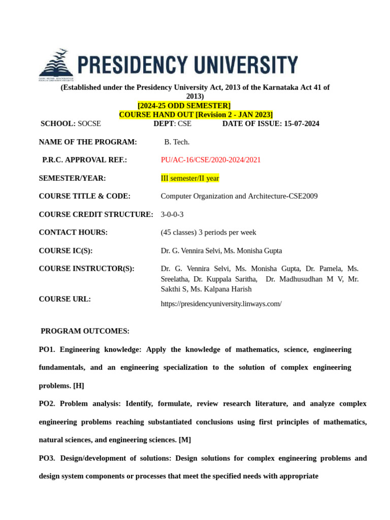 CSE2009_Computer Organization and Architecture_COURSE HANDOUT (1).rtf | PDF | Engineering | Cpu ...