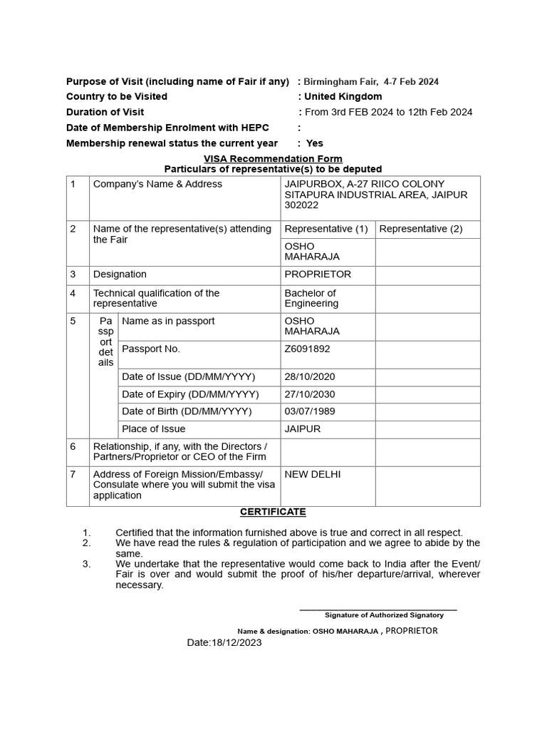 Visa recomm form Jaipurbox | PDF | Travel Visa | Cultural Globalization