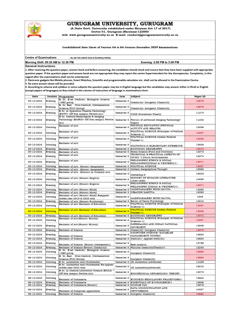 Consolidated Date Sheet of Various UG & PG Courses December 2024 Examinations | PDF | Science ...