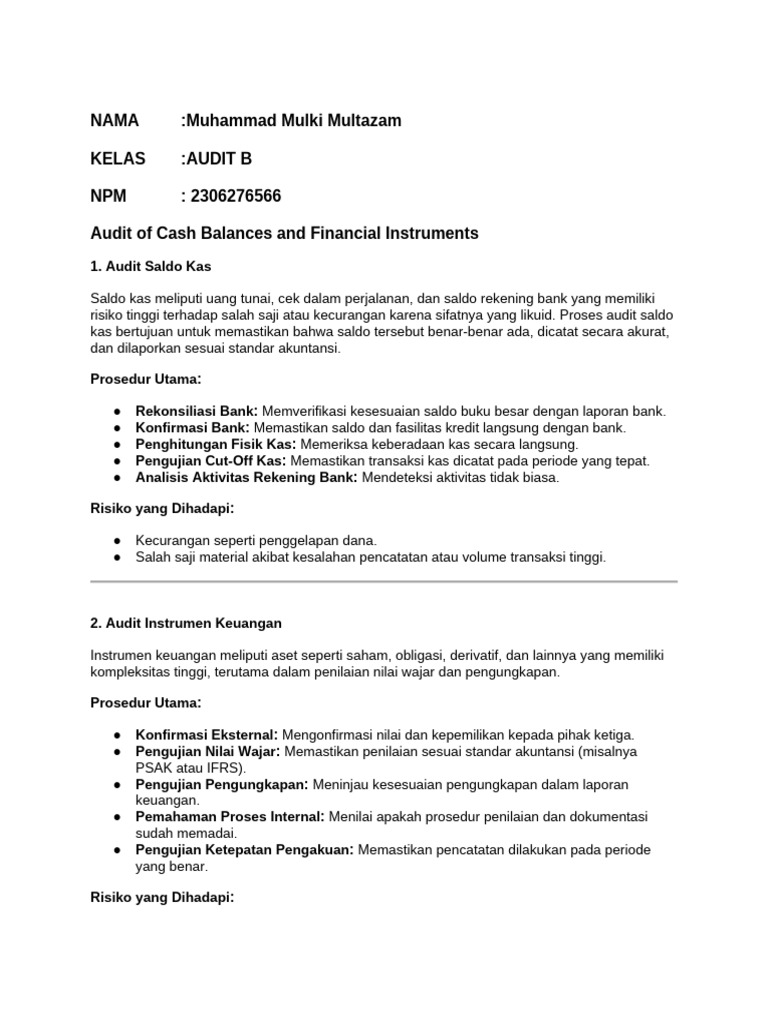 Audit Saldo Kas dan Instrumen Keuangan | PDF