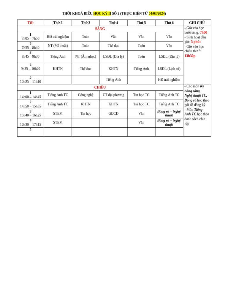 6A2-THỜI KHOÁ BIỂU HKII SỐ 2 | PDF