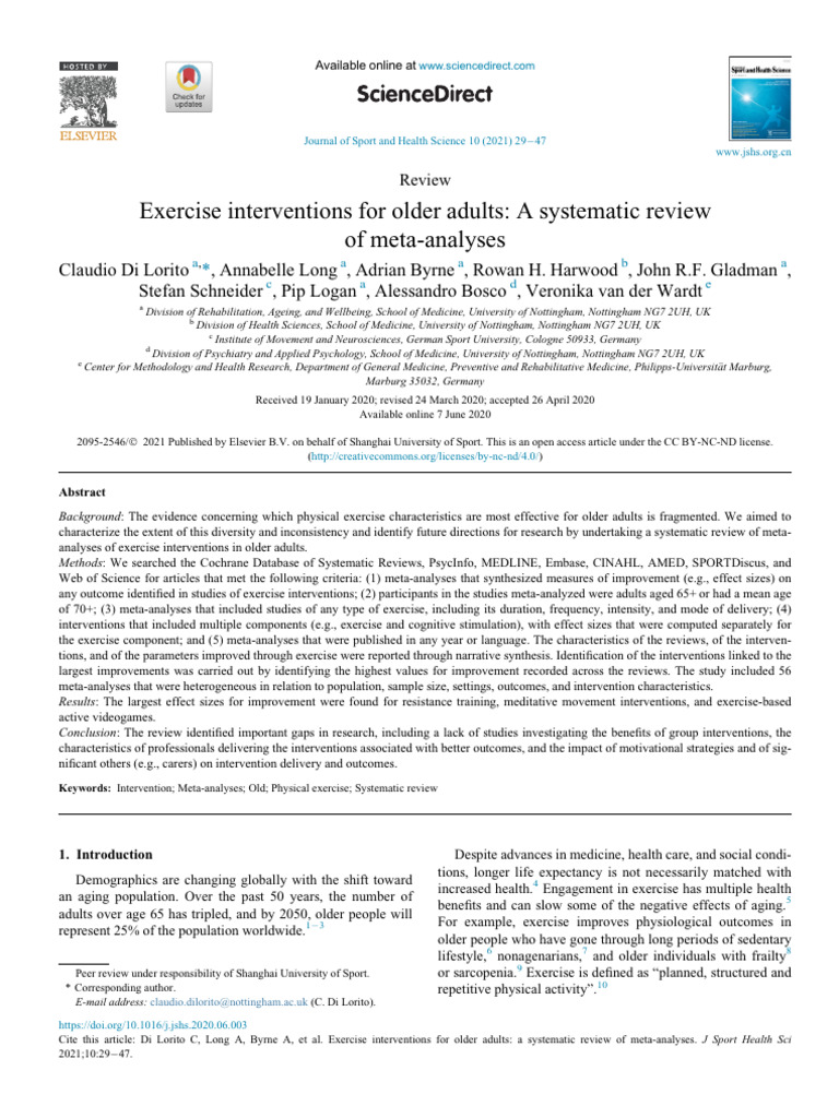 Exercise Interventions for Older Adults a System 2021 Journal of Sport and | PDF | Effect Size ...