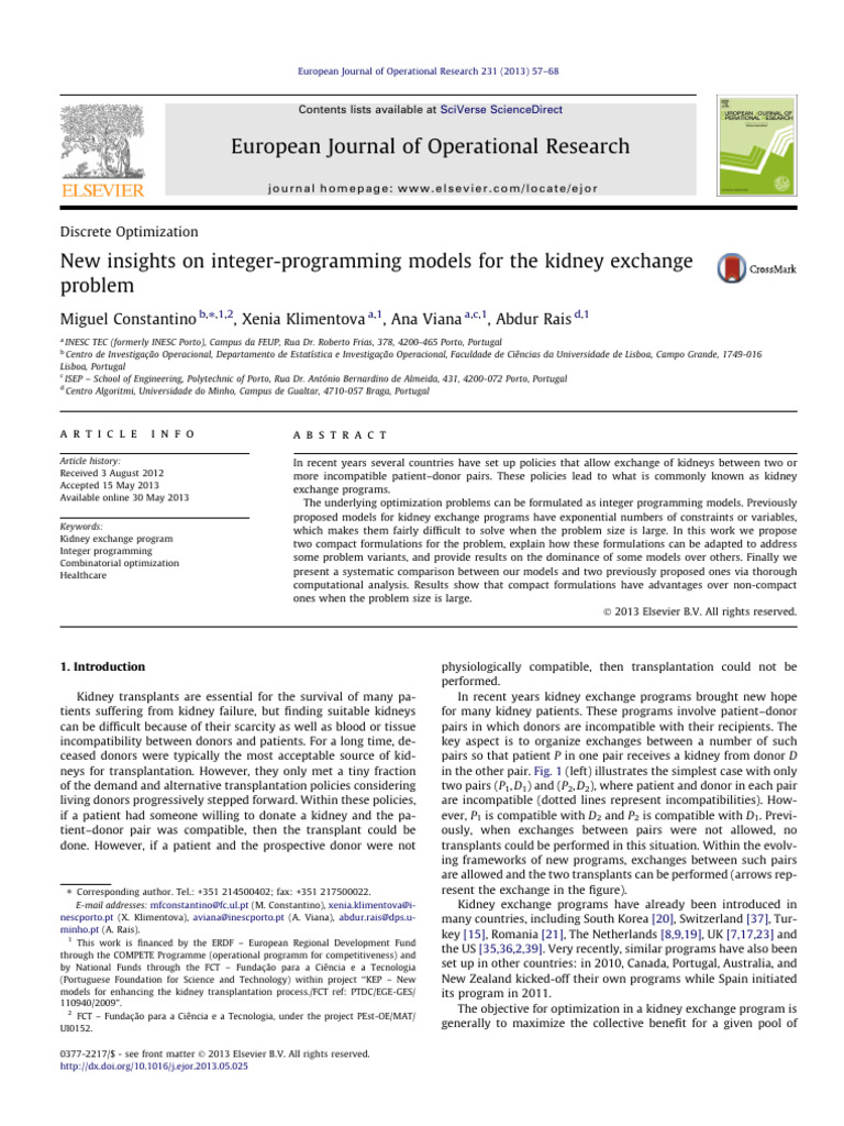 New Insights On Integer-Programming Models For The Kidney Exchange Problem | PDF | Organ ...