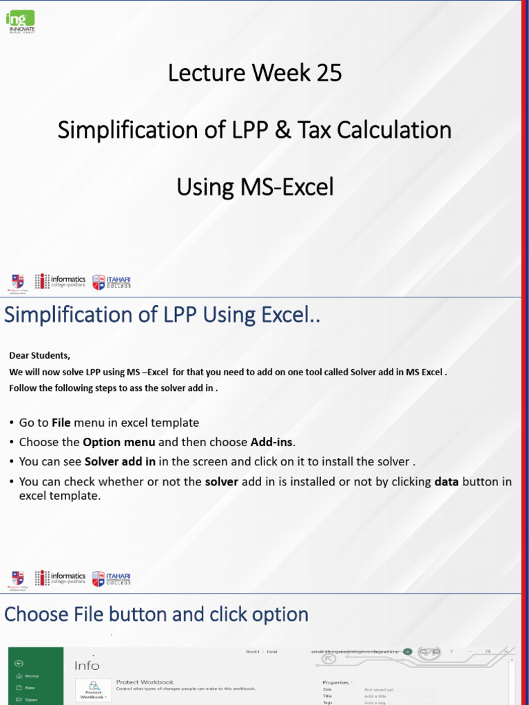 Lecture Week 25 Simplification of LPP & Tax Calculation Using MS-Excel | PDF