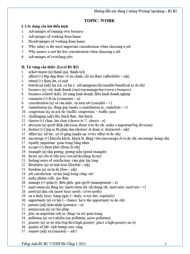 Ý Tưởng Chủ Đề Work Speaking Part III Writing 2022 | PDF