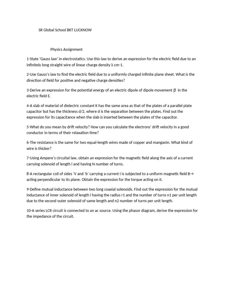 Class 12 Physics Assignment Overview | PDF